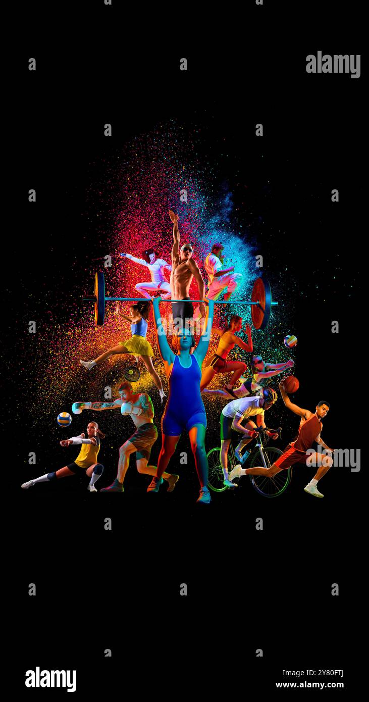 Creative collage. Vertical image with various athletes in motion ...