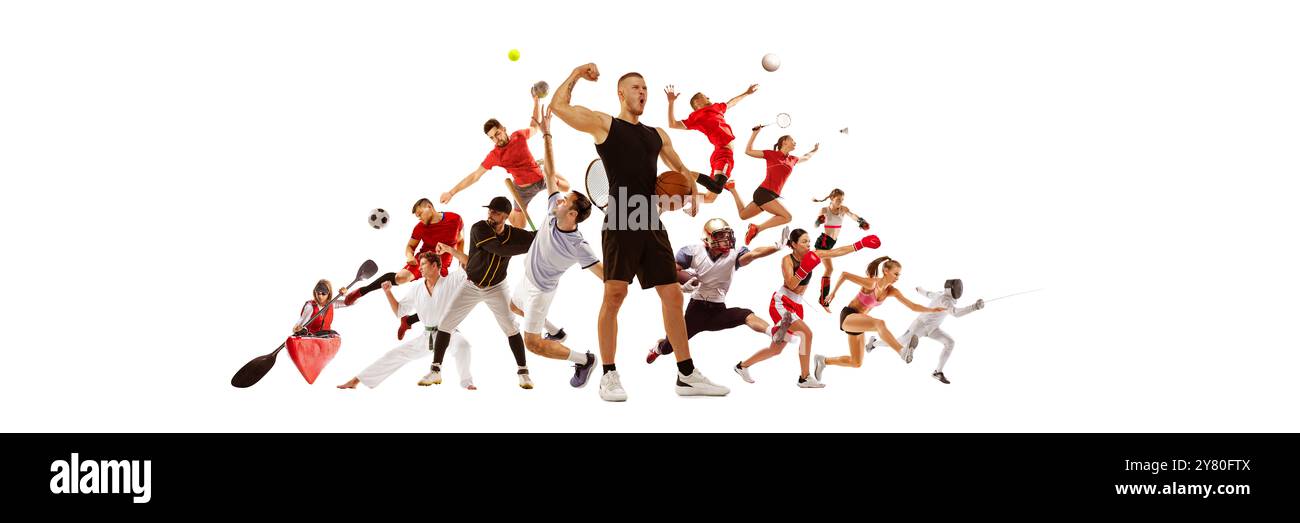 Creative collage. Power and endurance. Dynamic image of young people ...