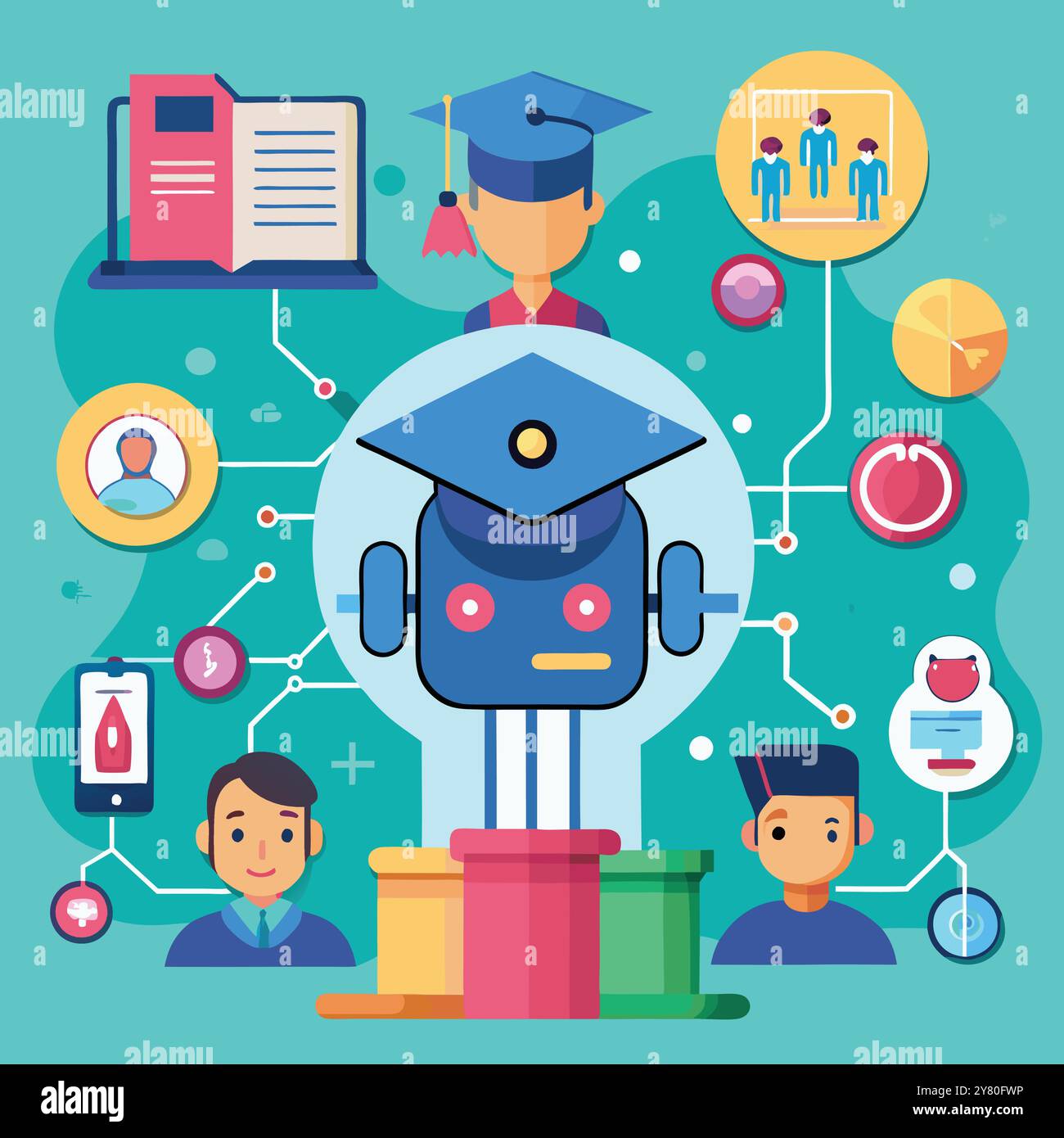 Ai Robot With Graduation Cap Connecting With People Representing Online Learning And Smart 