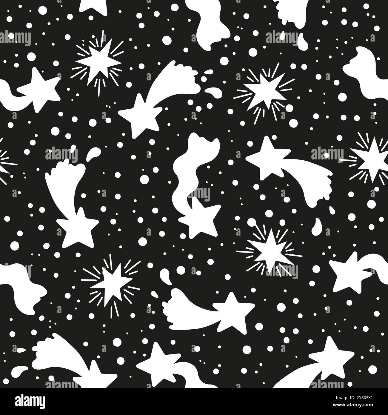 Black and white seamless pattern. Stars, bursts, bright sparkles ...