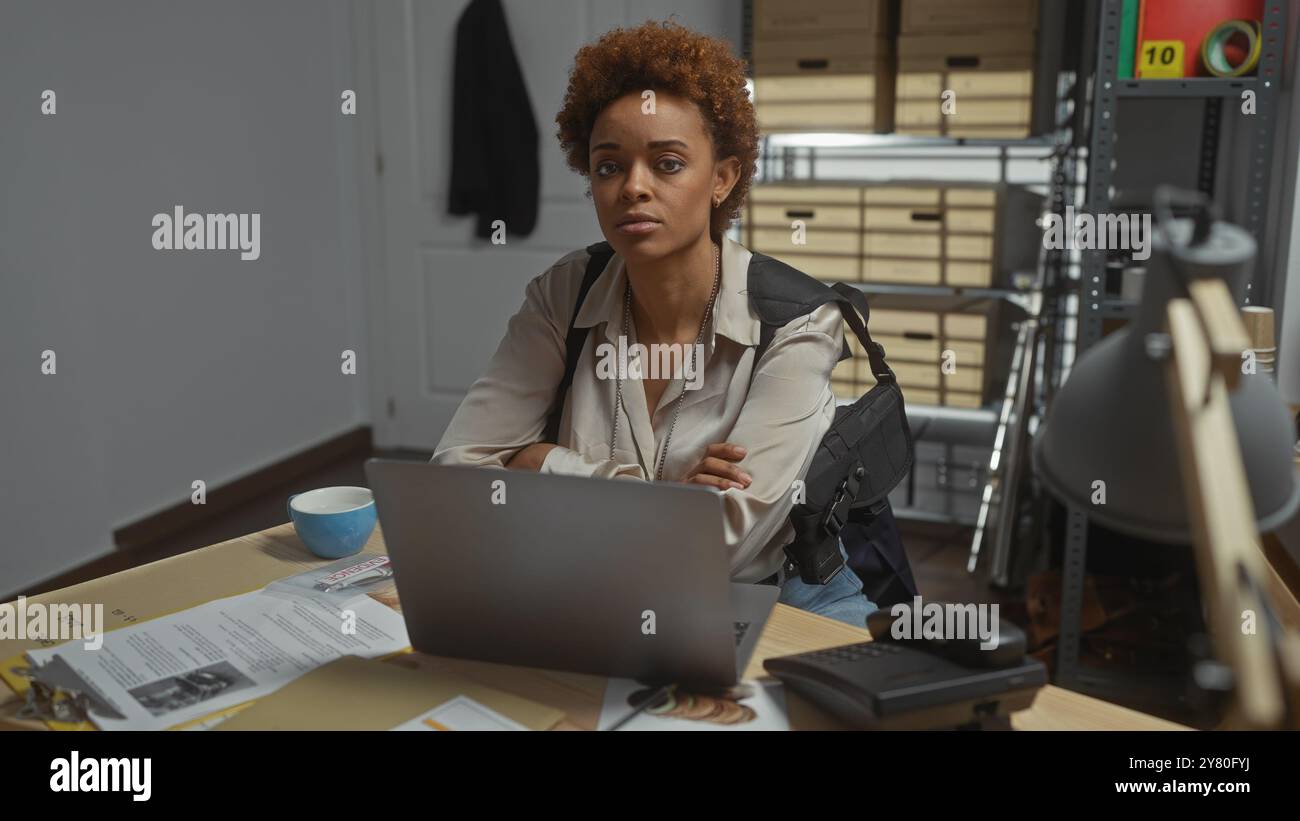 Focused african american woman detective working at her office desk ...