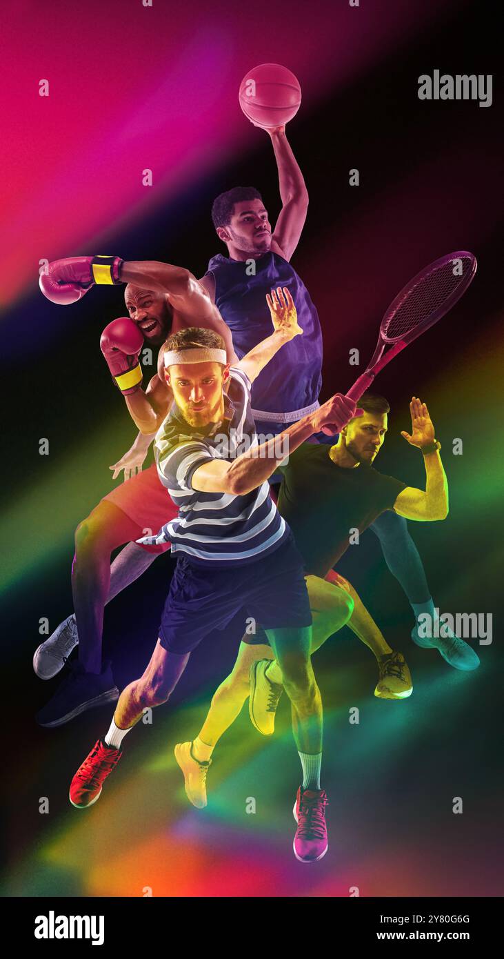 Creative dynamic collage with men, athletes of different sports in ...