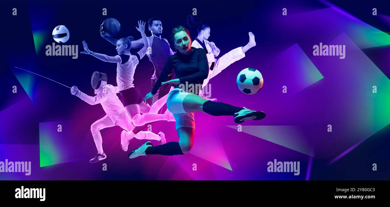 Creative collage. Young people, men and women in motion, practicing ...