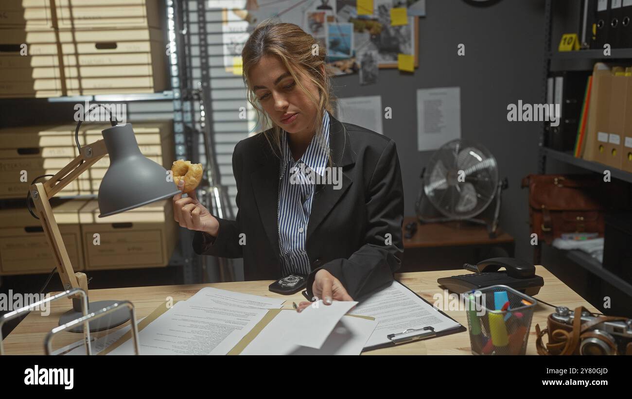 Caucasian woman detective eating doughnut in cluttered police office ...