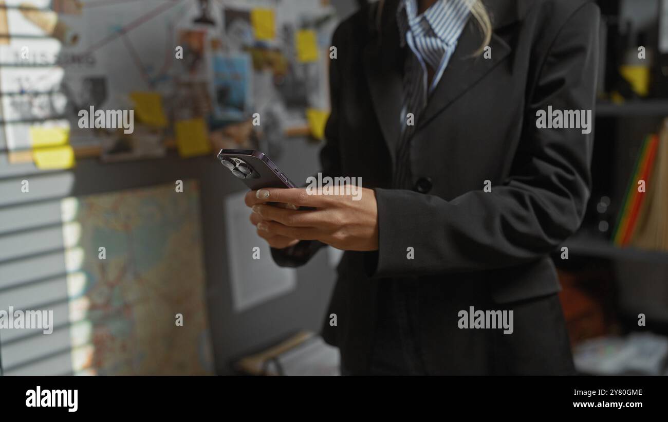 A professional woman in a suit analyzes clues in a modern detective's ...