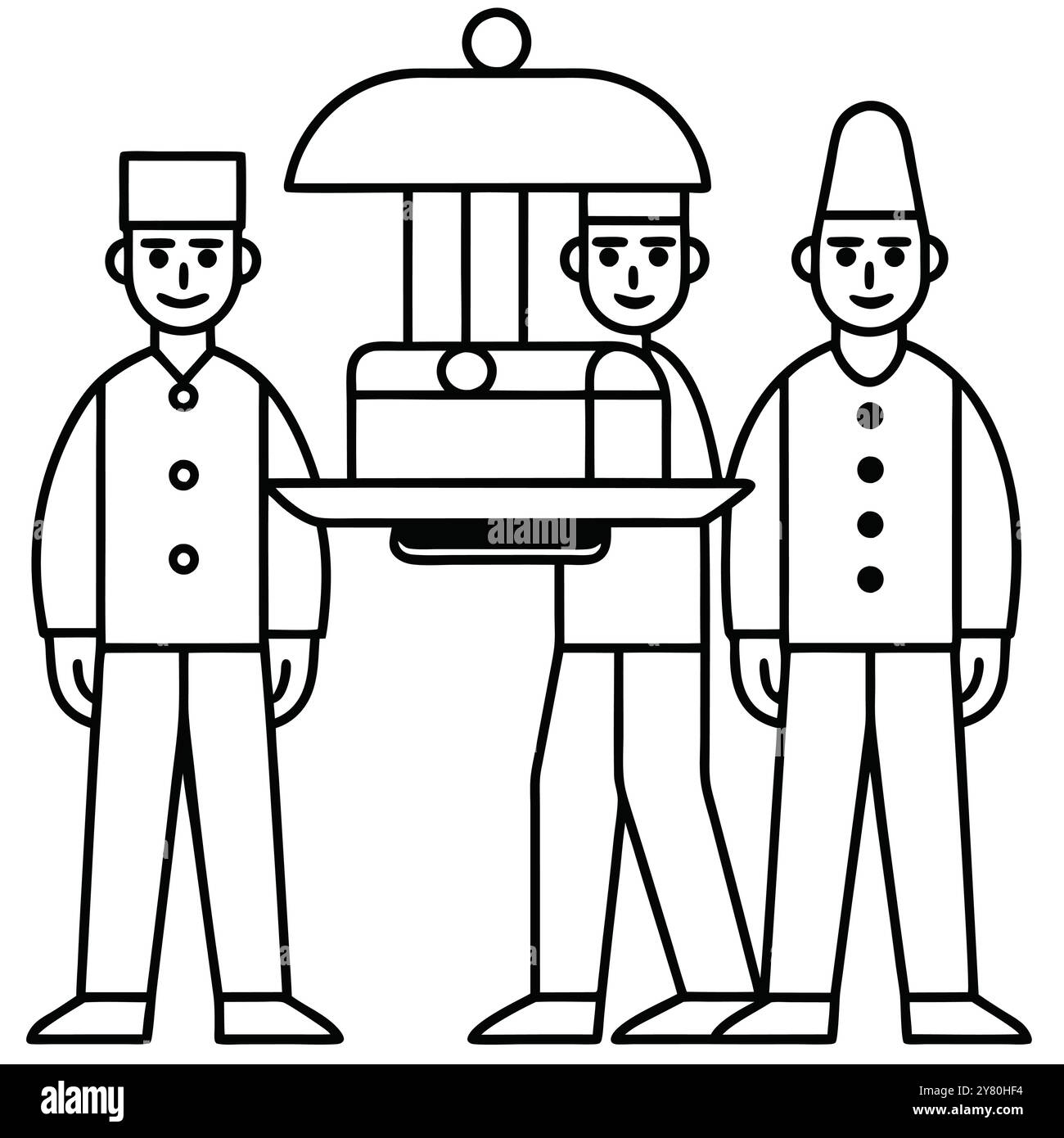 A simple line drawing of three people carrying a covered dish on a tray ...