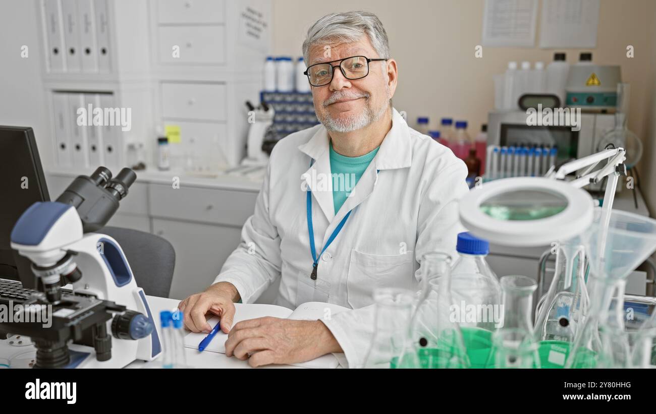 A mature male scientist with grey hair working in a bright laboratory ...