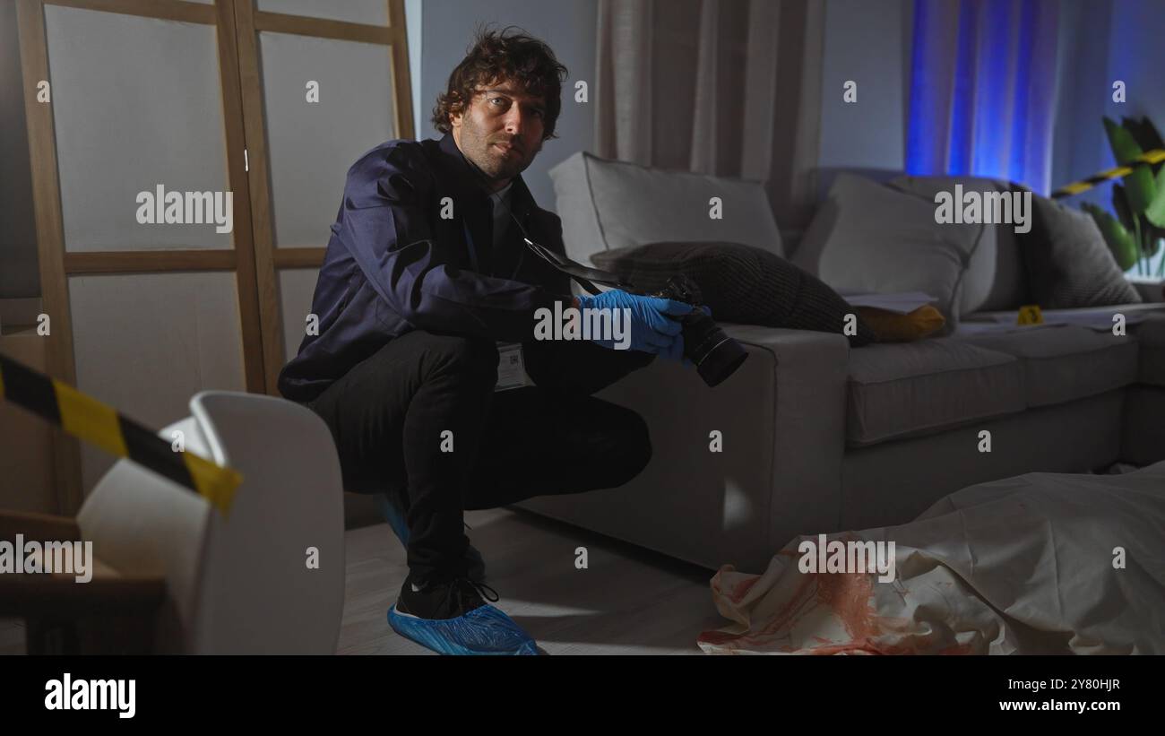 A young man with a beard, wearing gloves, inspects a crime scene ...