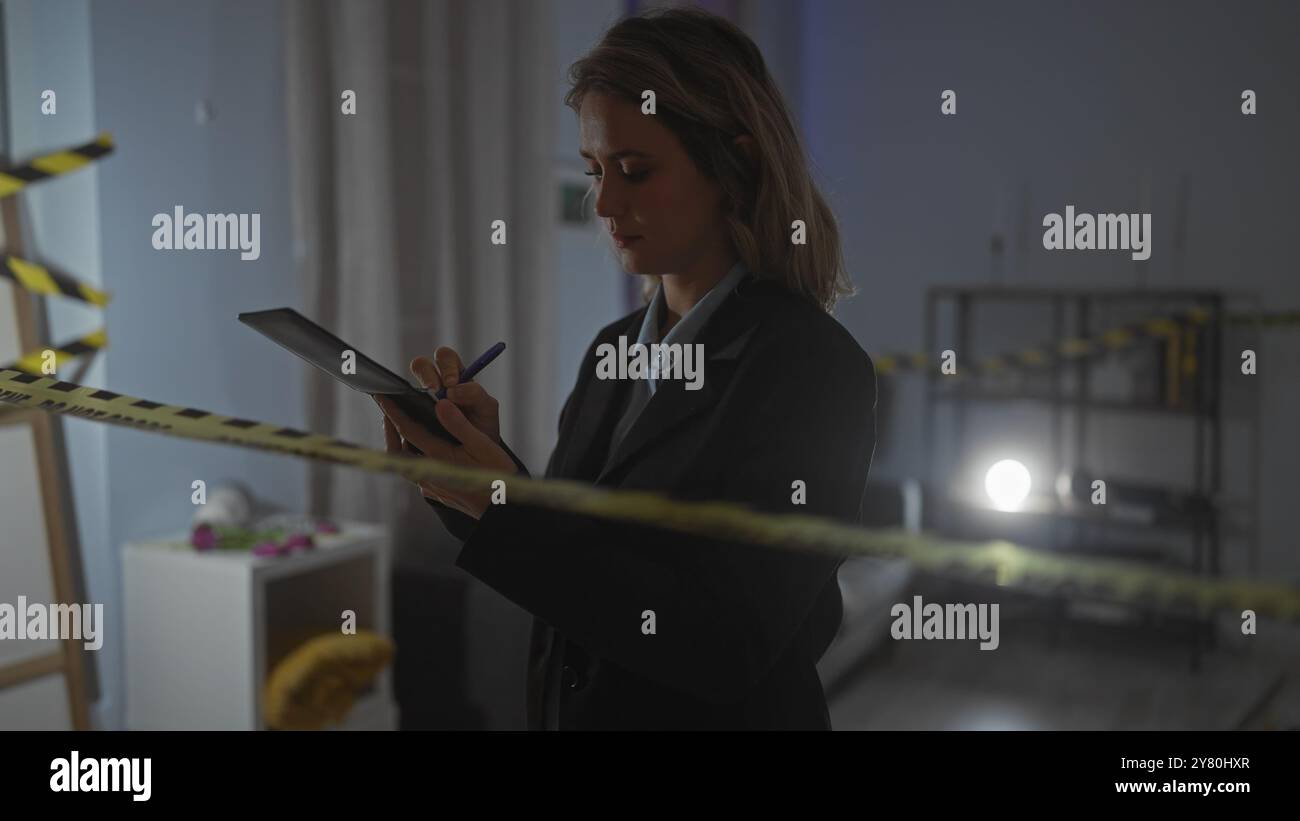 A young woman investigates a dimly-lit indoor crime scene, taking notes ...