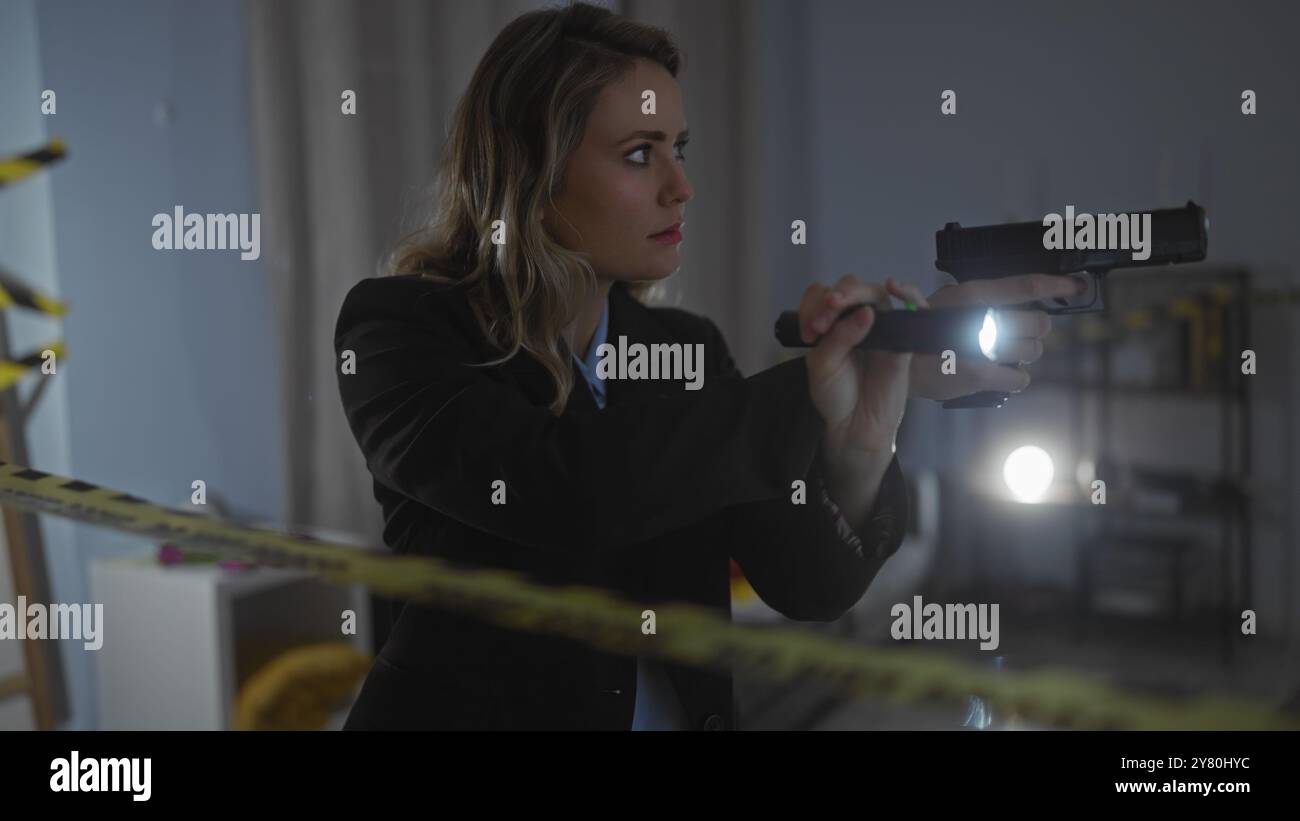 A focused young woman investigates a dimly-lit indoor crime scene ...