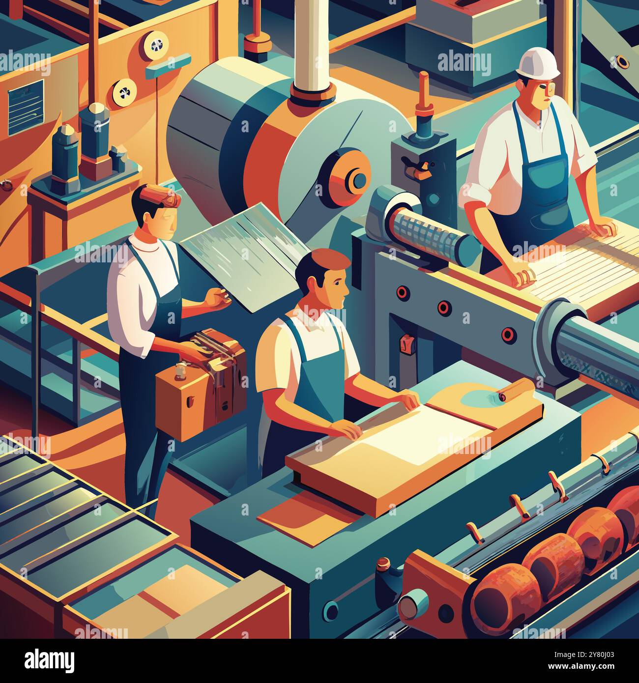 Isometric illustration of a factory floor with workers operating ...