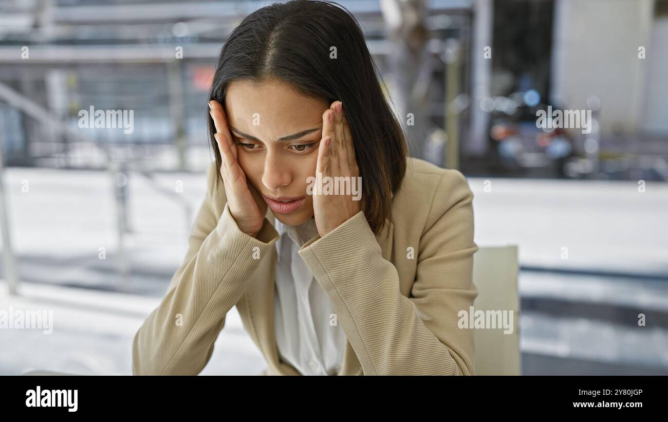 A stressed young woman holding her head in an office environment ...