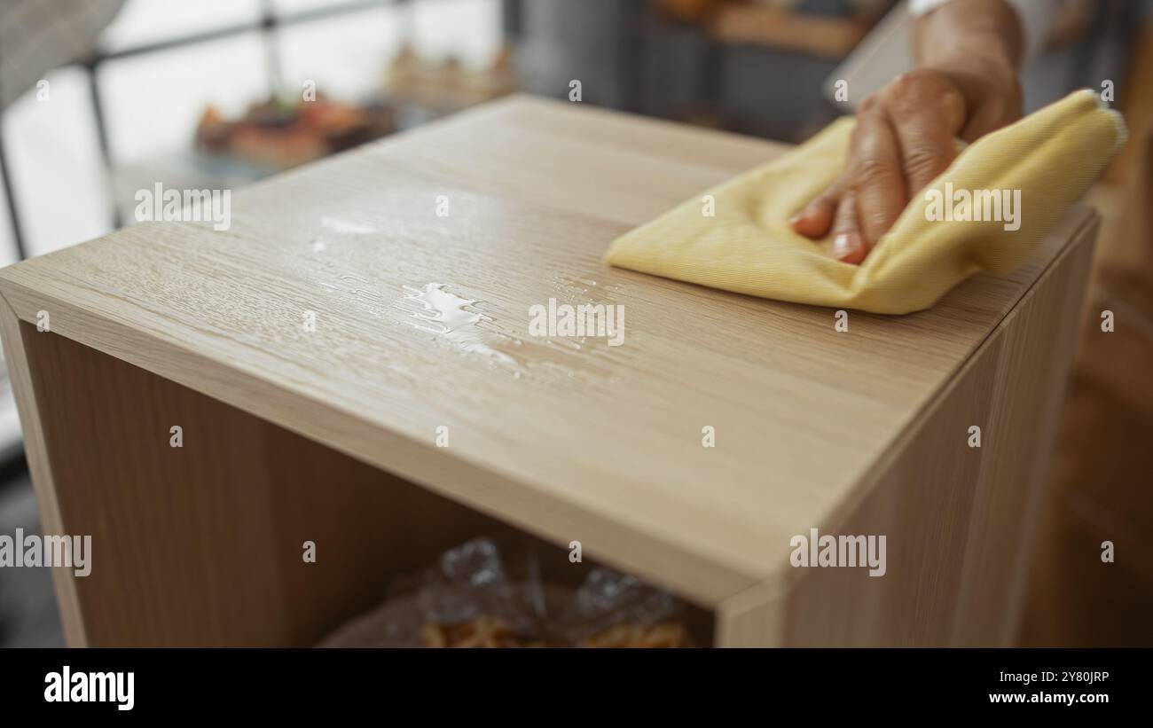 Woman wiping a wooden counter in a bakery with a yellow cloth indoors ...