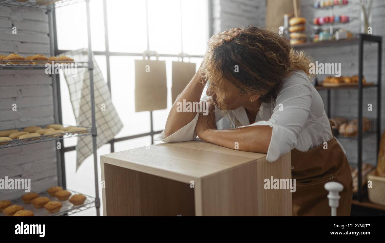 Woman leaning on counter in bakery, looking tired, with shelves of ...