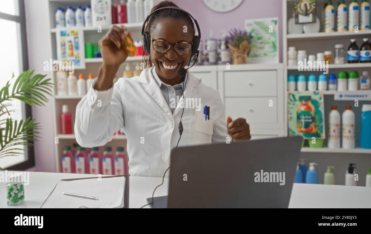 African american woman pharmacist in white lab coat and headset ...