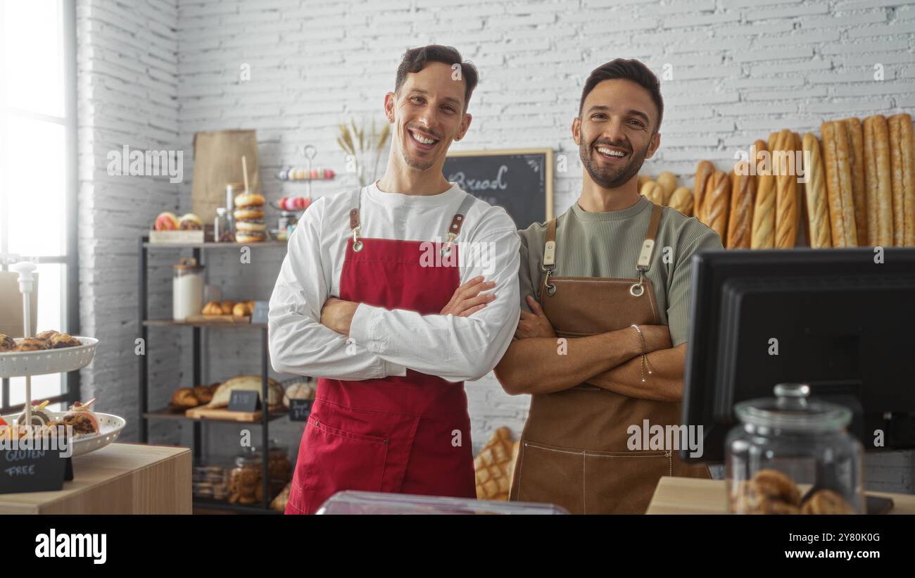 Two adult men bakers with crossed arms wearing aprons in a bakery shop ...