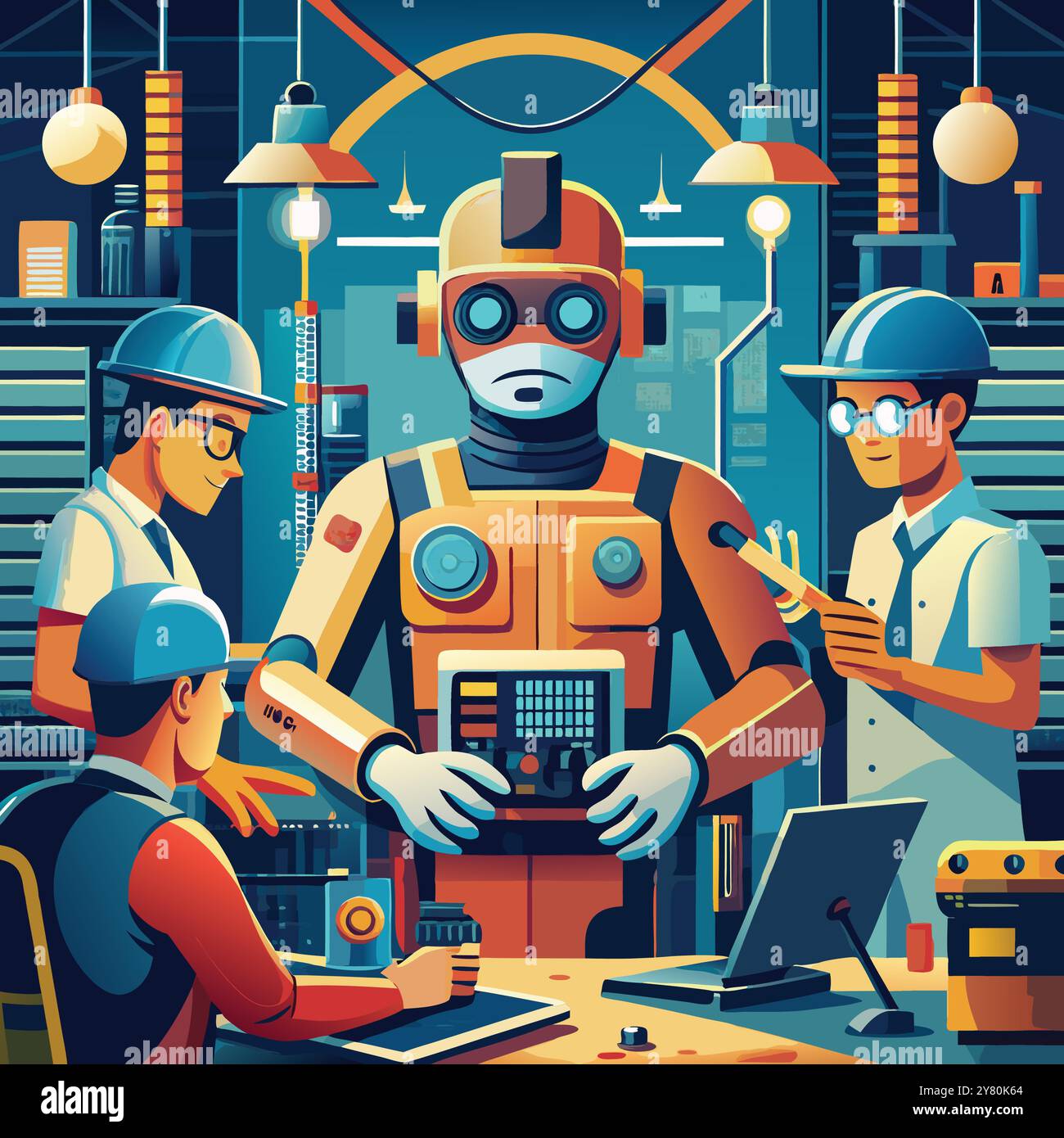 A futuristic robot stands amidst three engineers. showcasing its ...