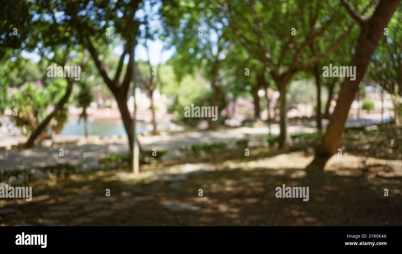 Blurred outdoor park setting with defocused greenery, trees, walking ...