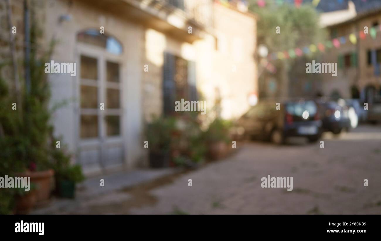 Blurred street scene in outdoor mallorca with defocused buildings and ...