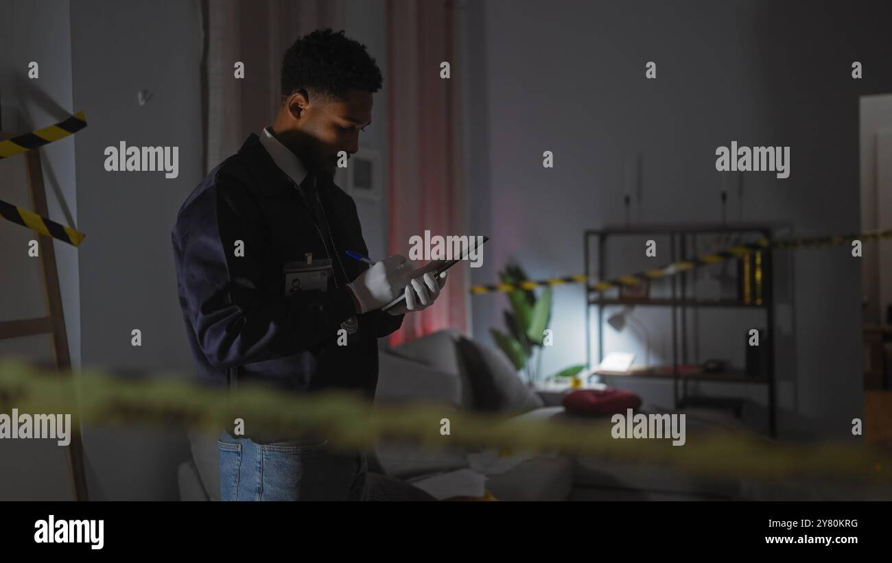 African american detective man investigates indoor crime scene taking ...