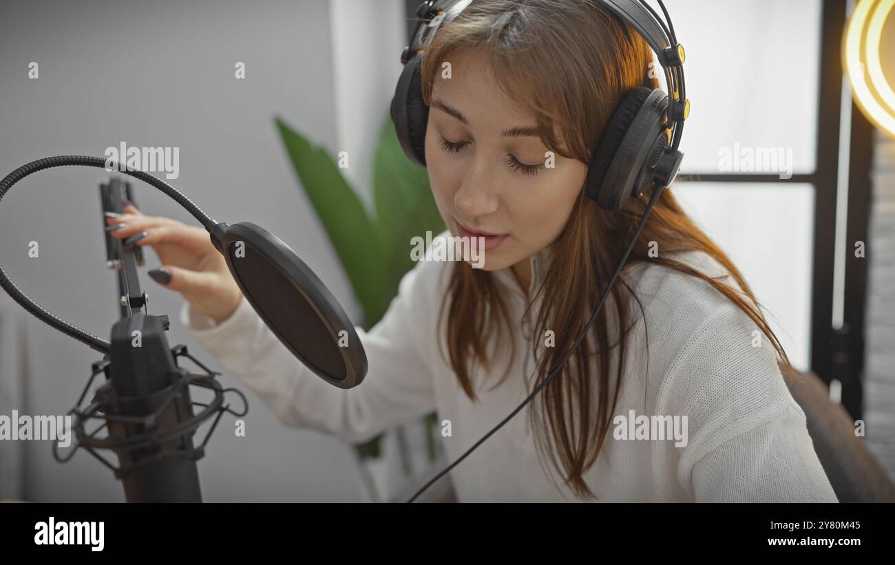 A young woman wearing headphones speaks into a microphone in a modern radio studio setup Stock ...