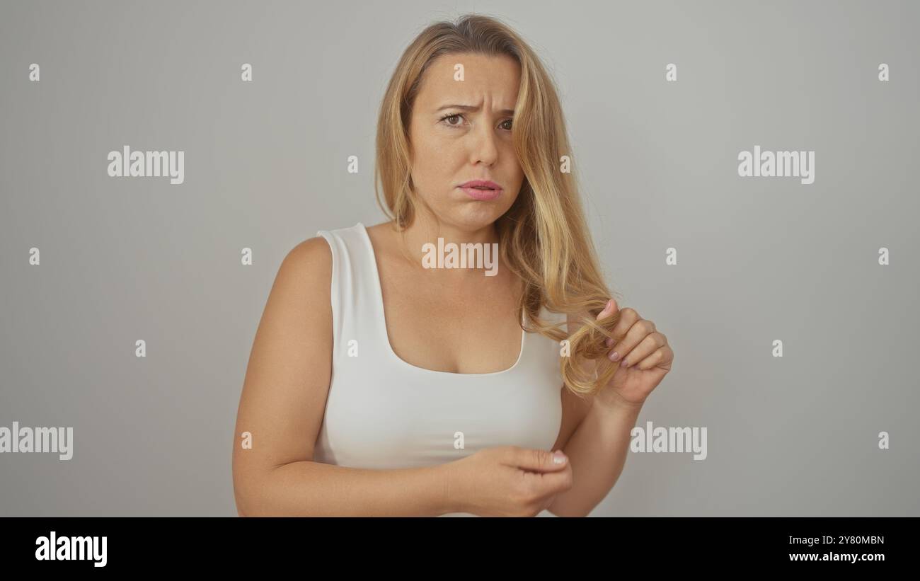 A perplexed young blonde woman examines her damaged hair against a ...