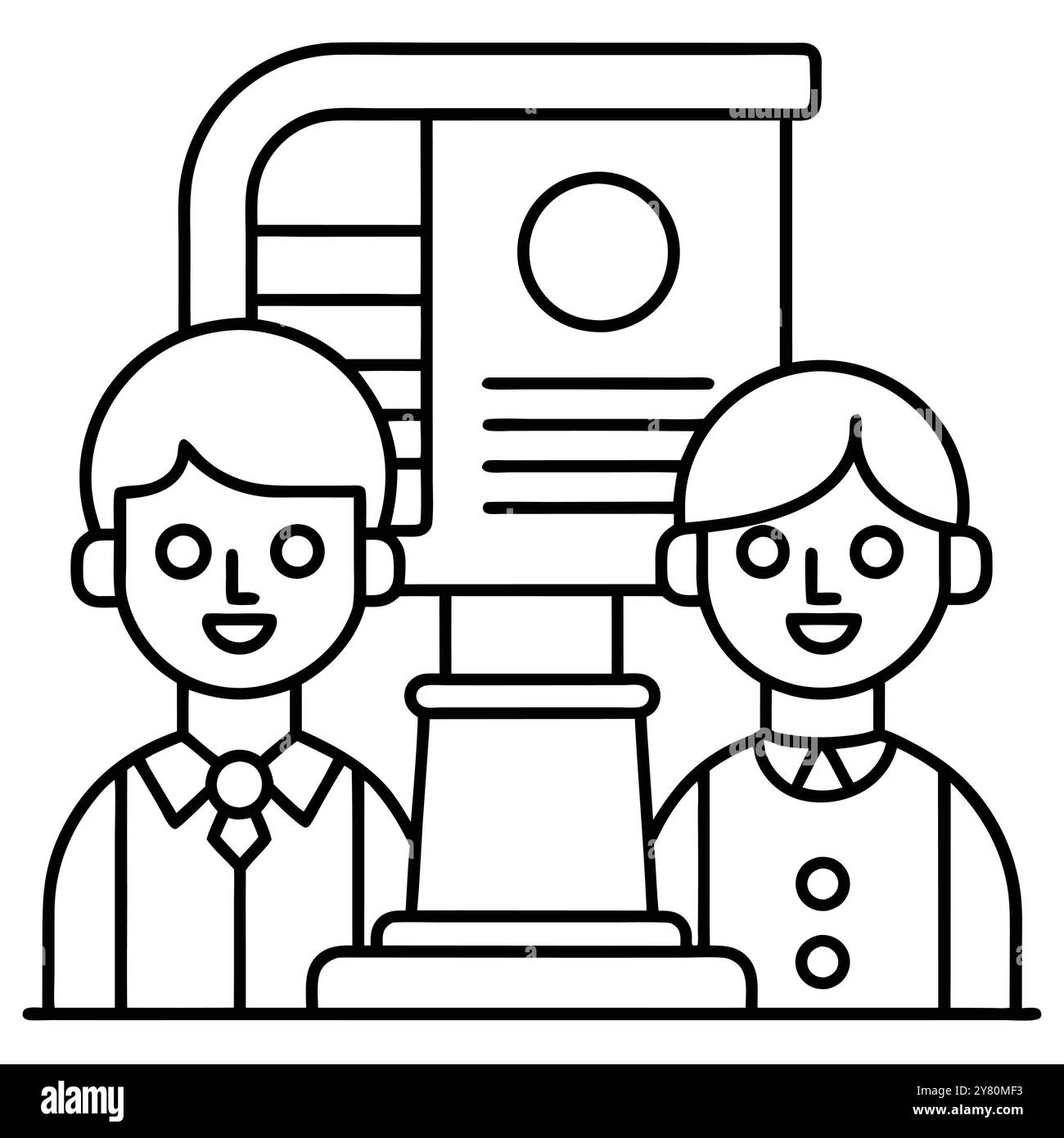 Two happy individuals stand proudly beside a podium with a blank ...