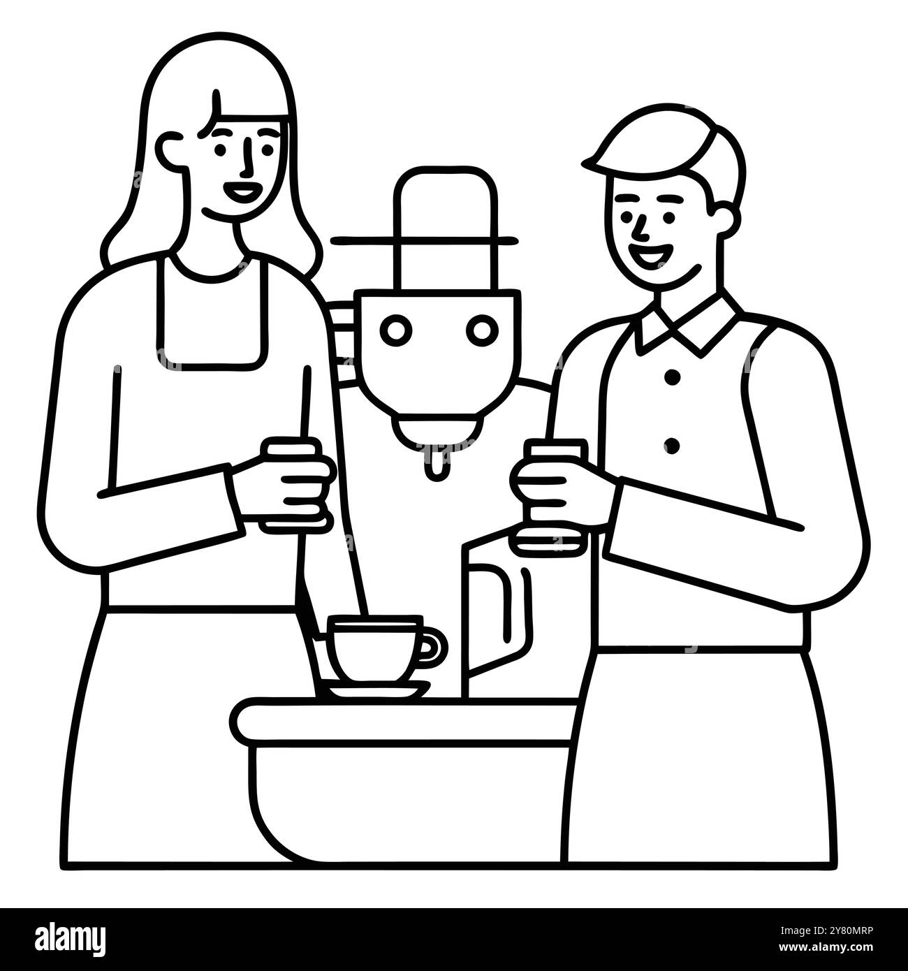 A simple line drawing of a barista and a customer standing at a coffee ...