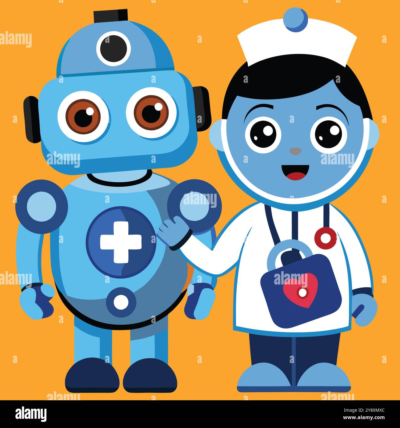 A friendly cartoon robot doctor examines a blue robot patient. The ...