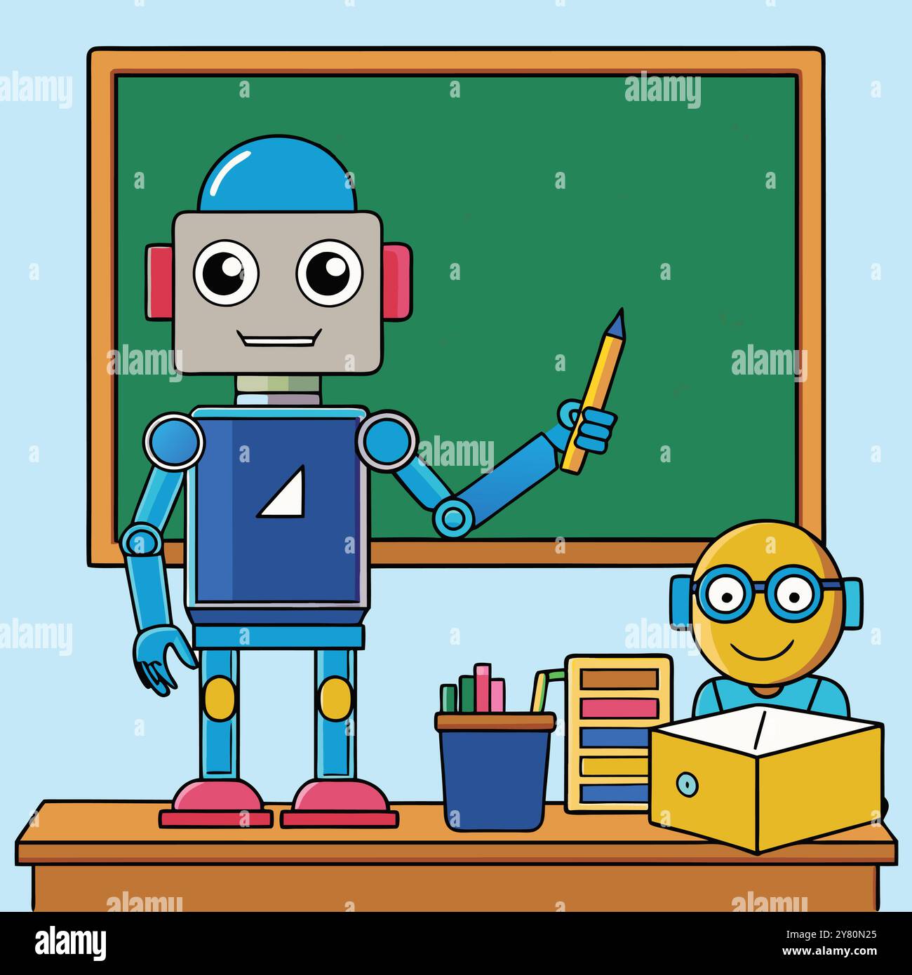 A friendly robot teacher points to the blackboard. teaching a student ...