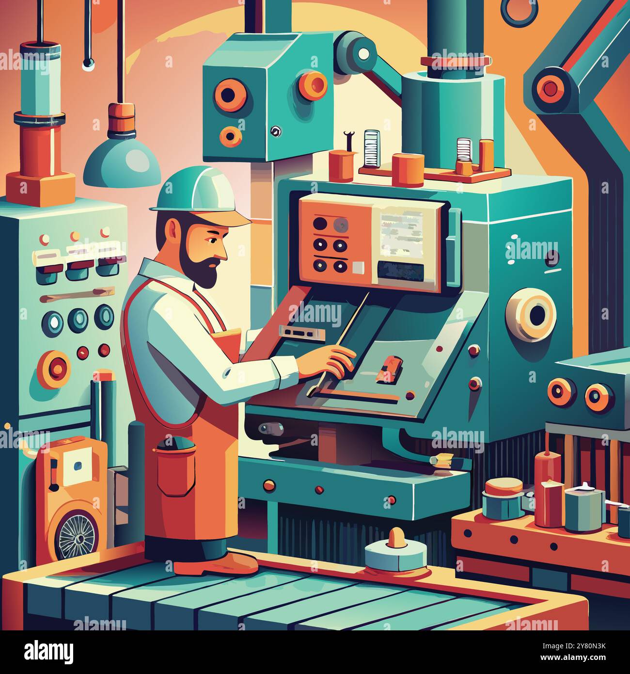 A cartoon illustration of a worker operating a large industrial machine ...