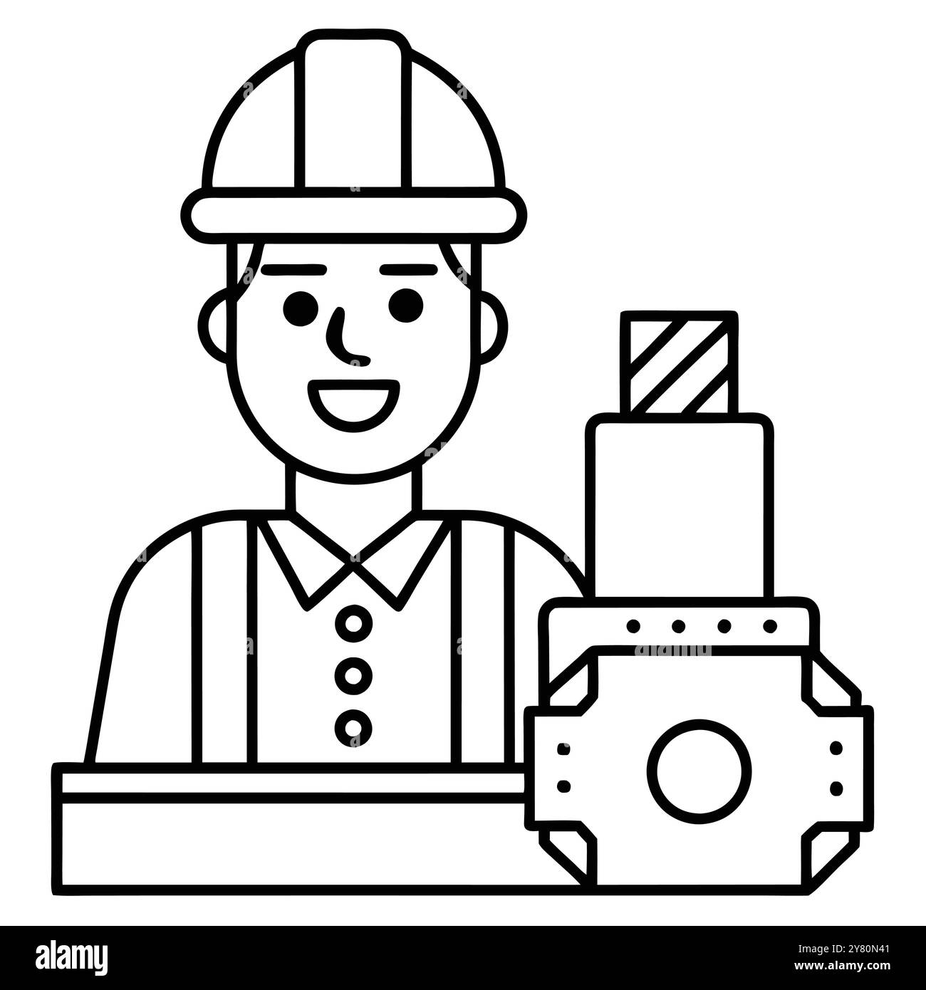 A simple line drawing of a happy construction worker with a hard hat ...