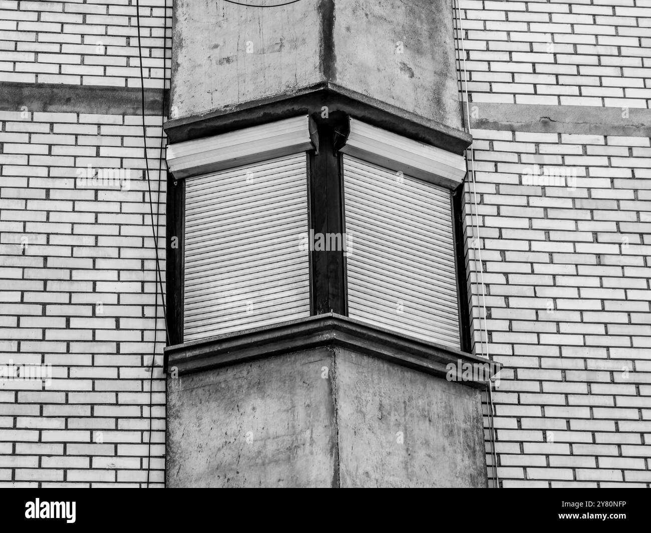 White Blinds and Closed Window Frames on Brick Wall Exterior Stock ...
