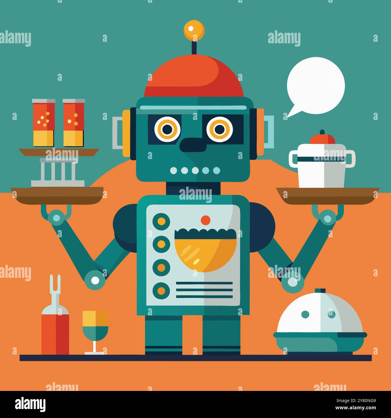 A friendly robot waiter holds trays with various dishes. ready to serve ...