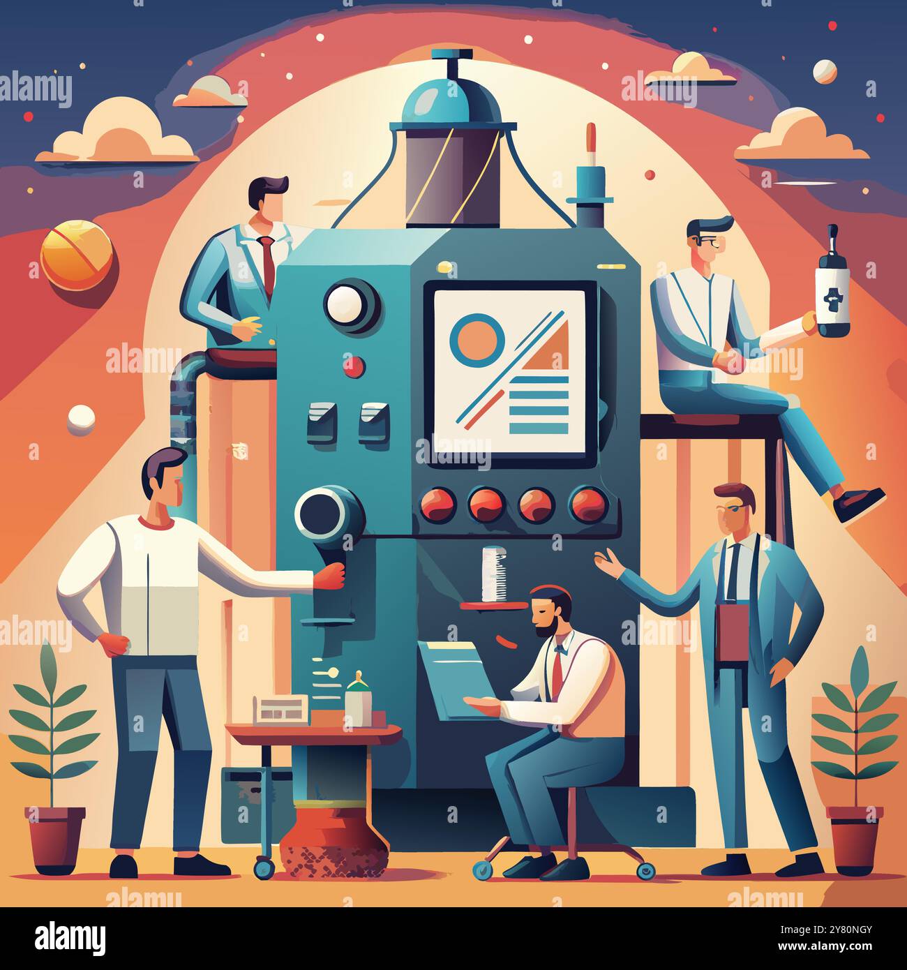 A colorful illustration depicting a futuristic machine with four people ...