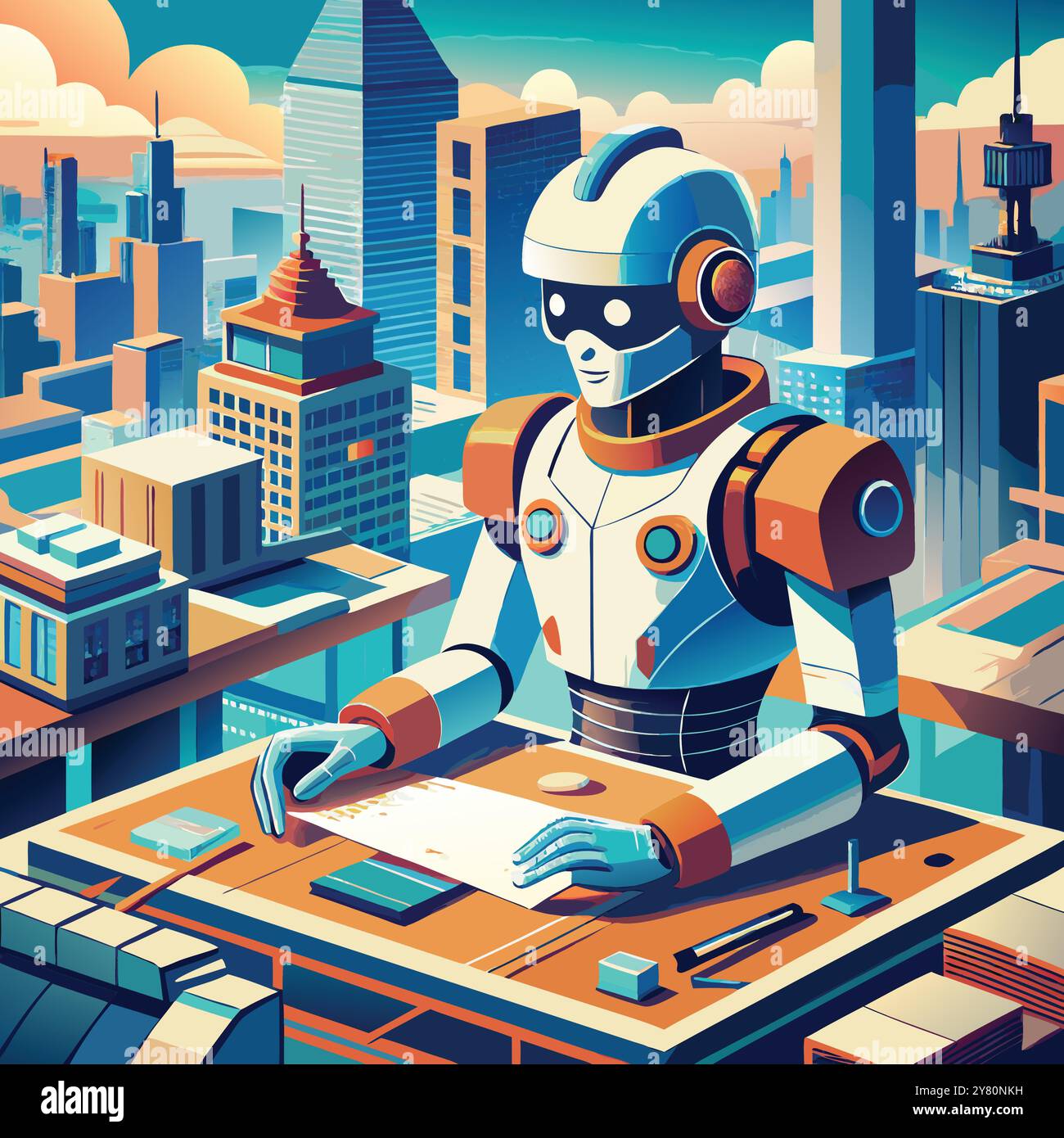 A futuristic robot sits at a desk overlooking a city skyline ...