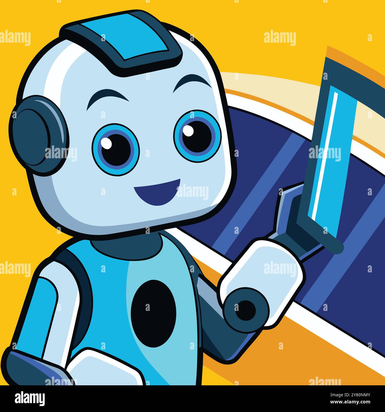 Friendly AI robot mascot with a big smile and blue and white accents ...