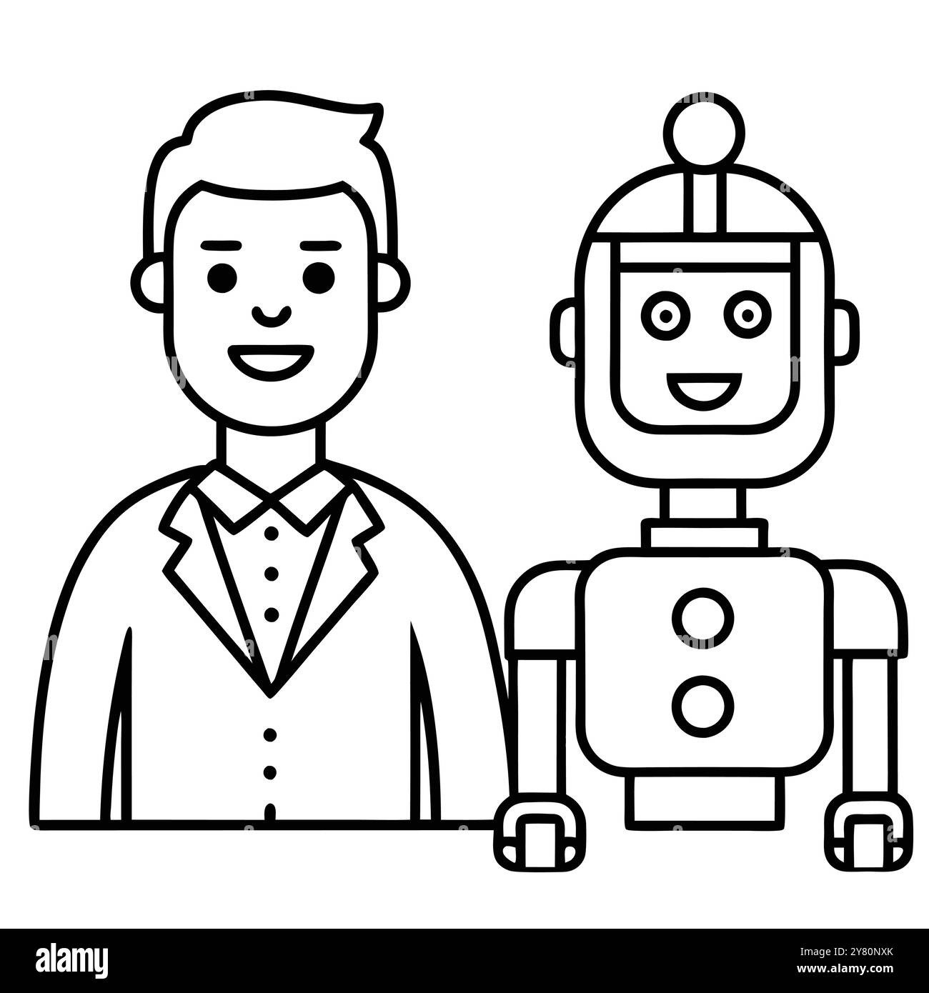 A simple line art illustration of a man and a robot standing side by ...