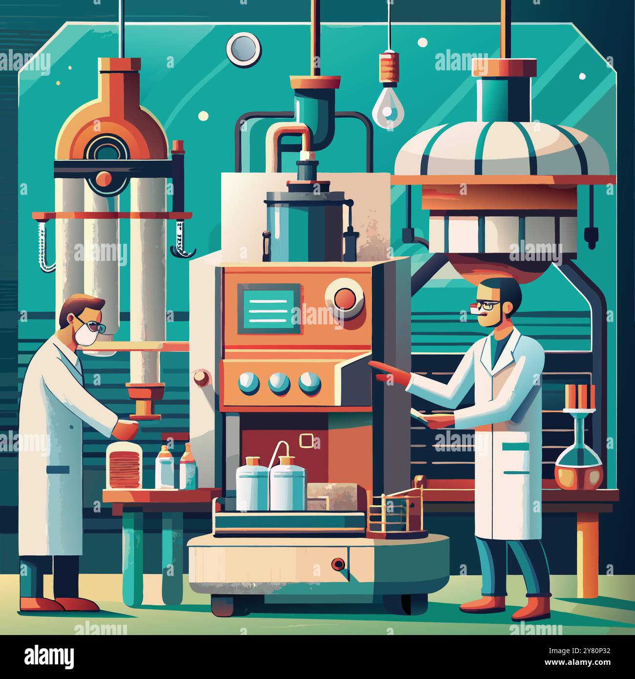 Two scientists work in a futuristic lab. operating complex machinery ...