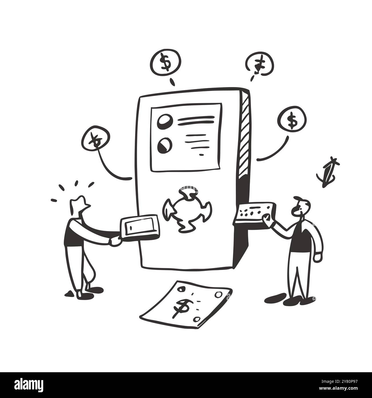 A hand drawn illustration depicting two stick figures interacting with ...