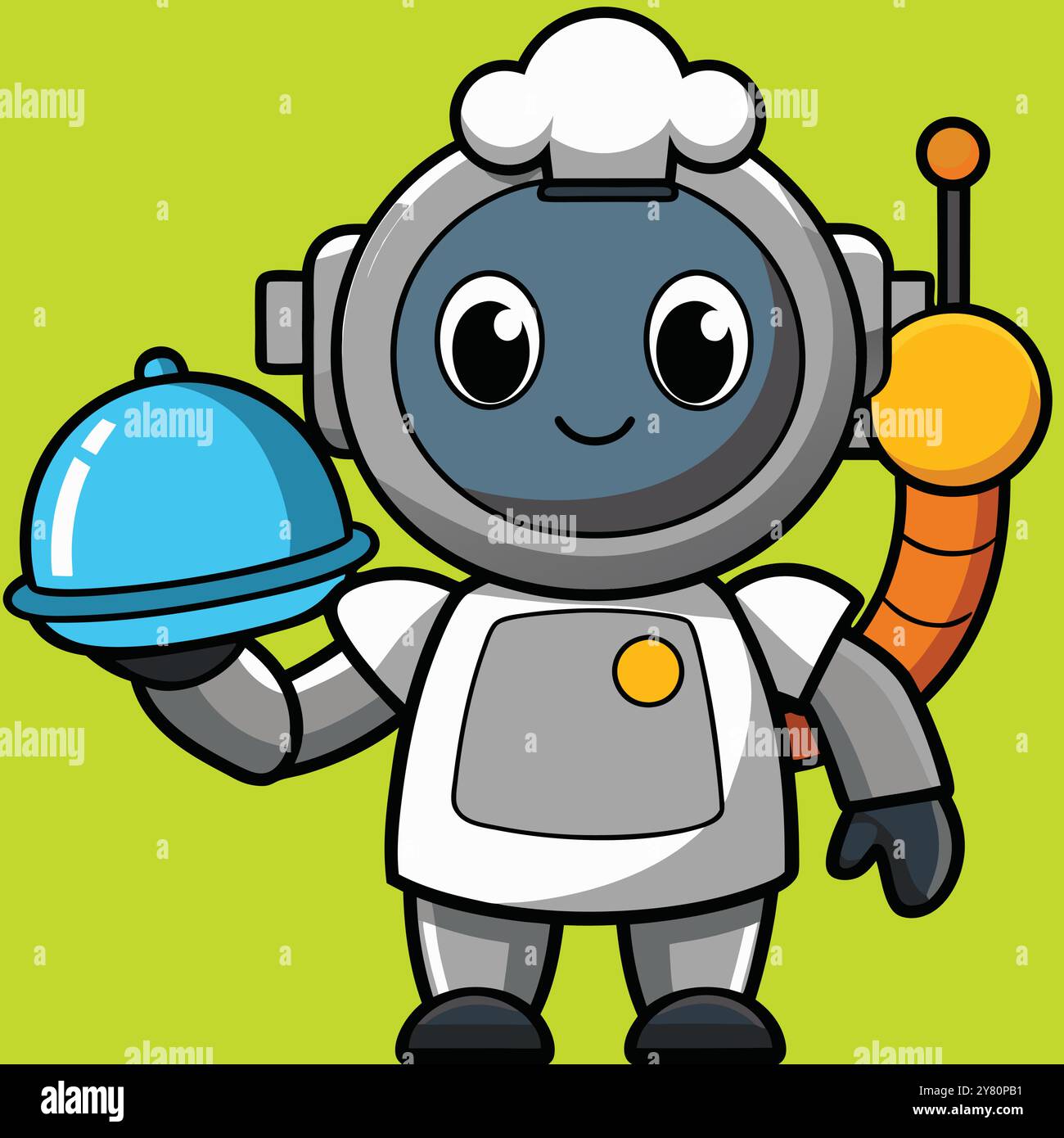 Cute cartoon robot chef with a chef hat and a silver cloche in its hand ...
