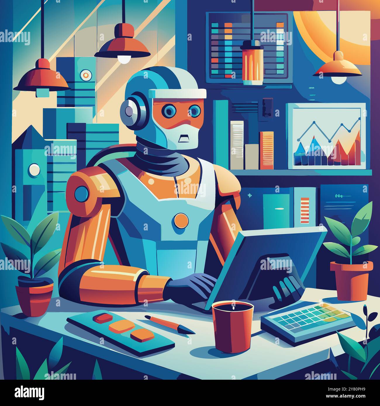 A friendly AI robot sits at a desk working on a laptop in an office ...