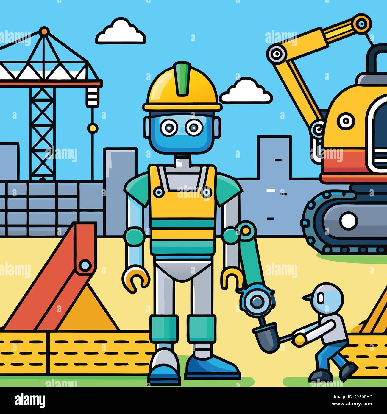 A cartoon illustration of a construction robot wearing a hard hat and ...