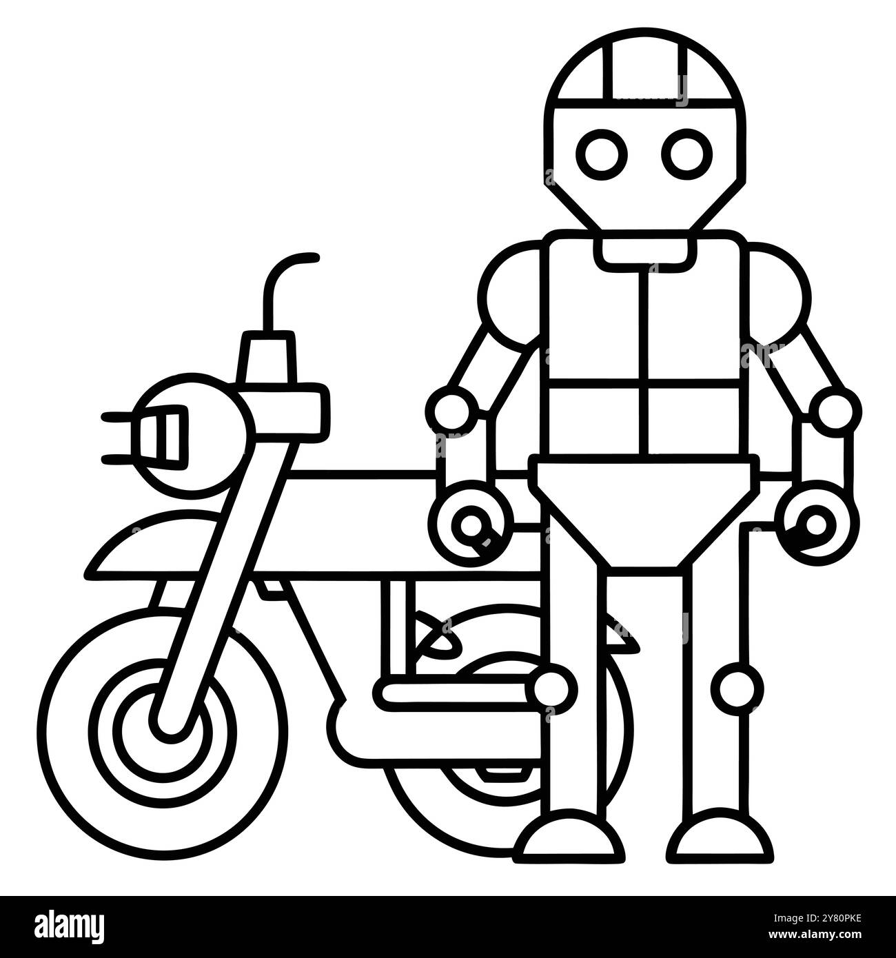A simple line drawing illustration of a robot riding a motorcycle ...
