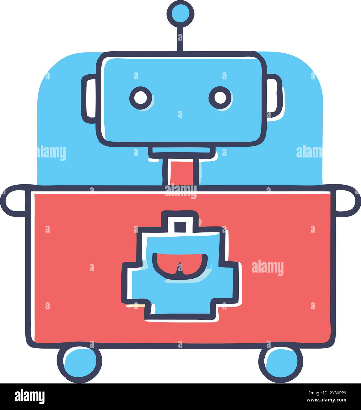 Cute robot icon with a friendly face. standing on a wheeled base ...