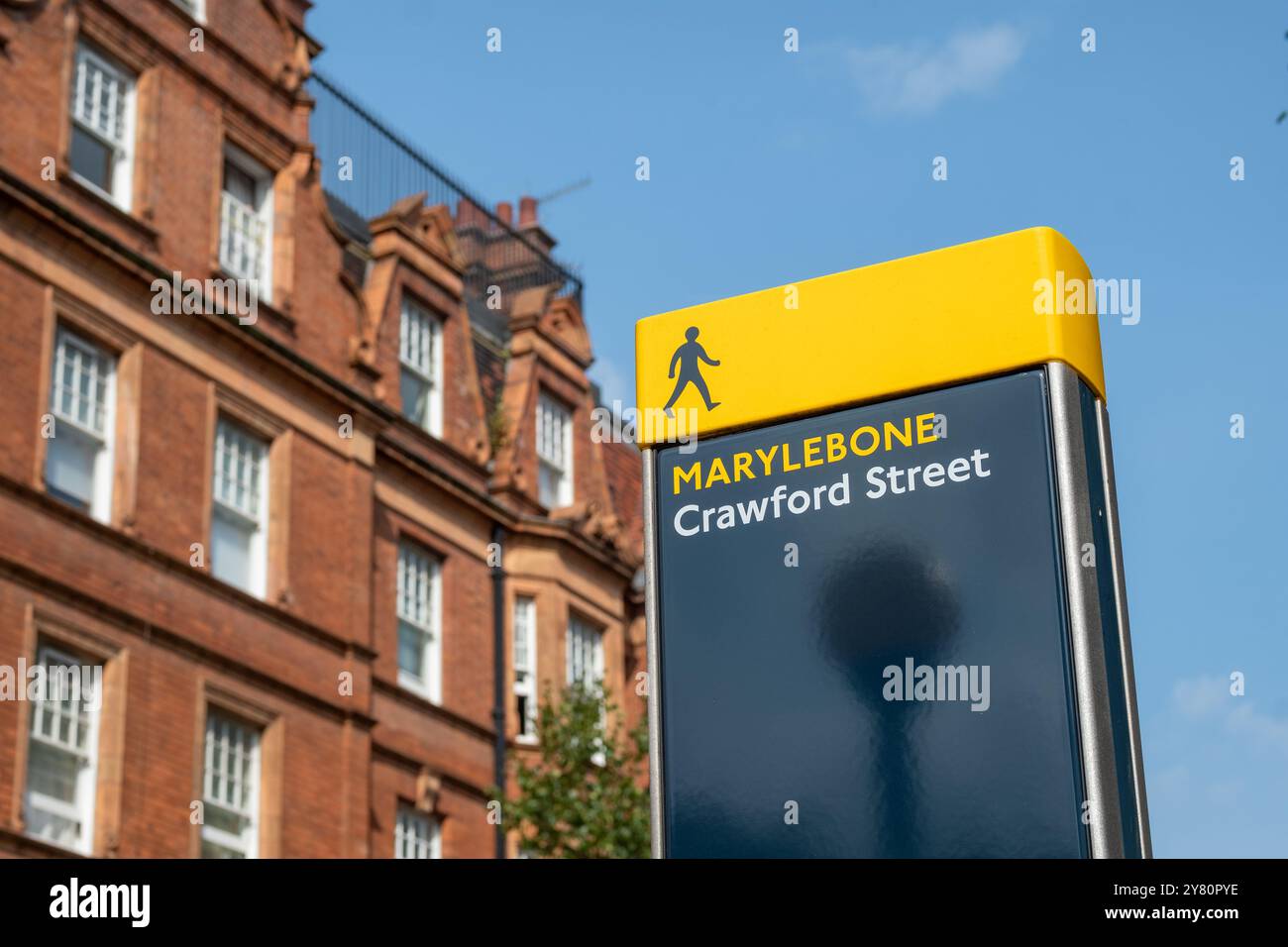LONDON- AUGUST 26, 2024: Pedestrian sign for Marylebone Crawford Street ...