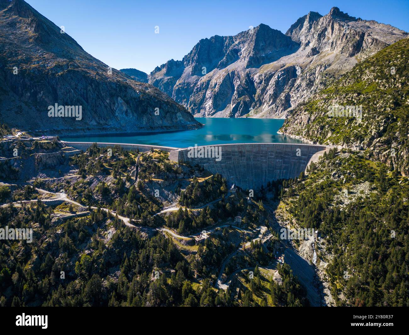 Aragnouet (south-western France): aerial view of the dam and Lake of ...