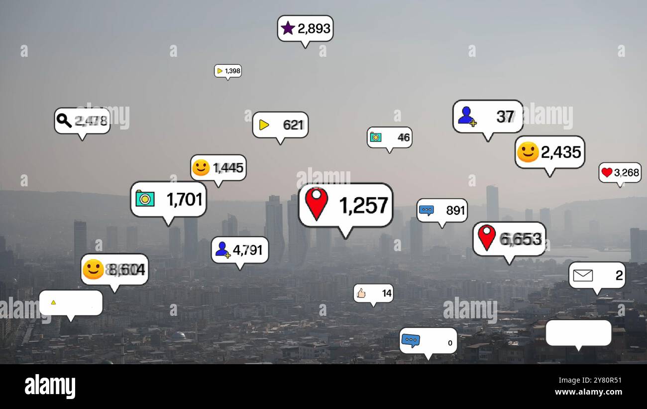 Social media icons fly over city downtown showing people engagement ...