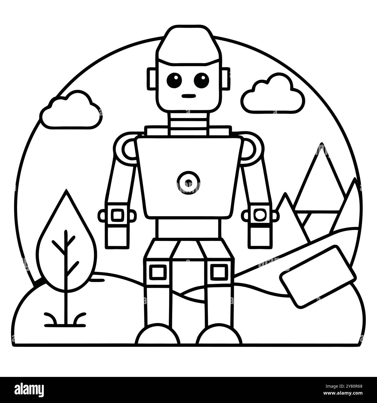 A cute. cartoon robot stands in a landscape setting with hills and ...