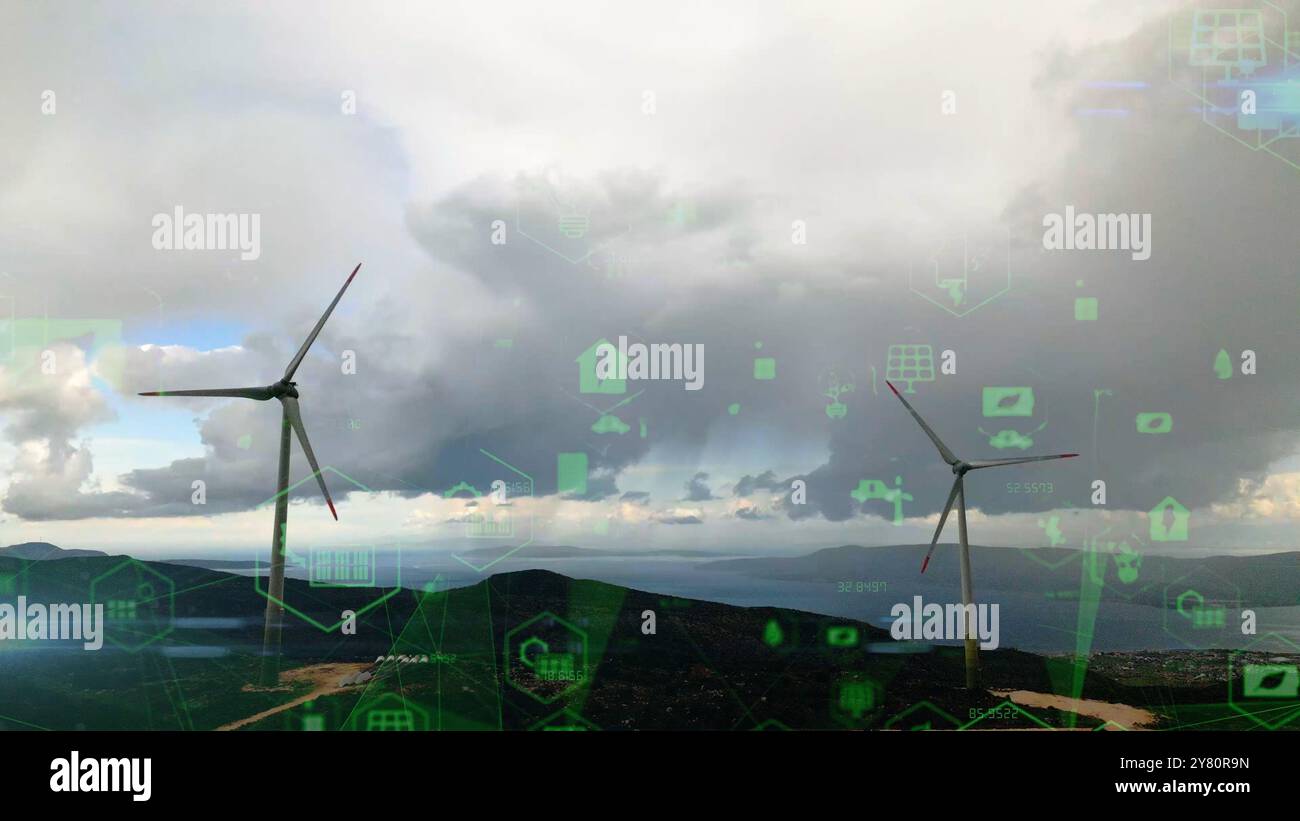 Alternative Energy. Wind farm. Aerial view of horizontal-axis wind ...